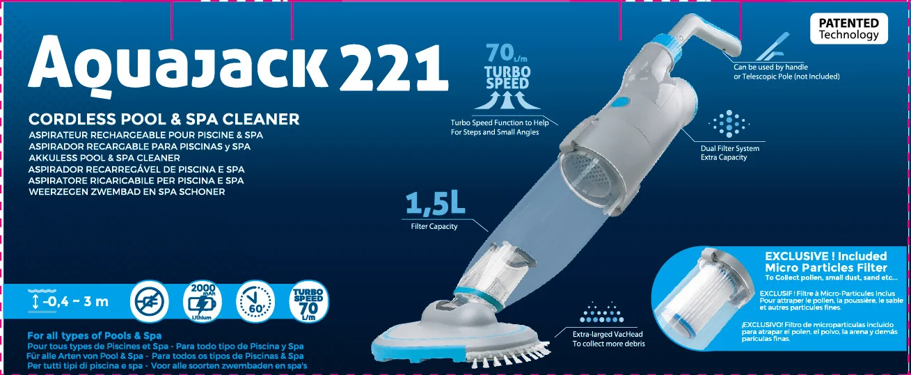 Aquajack 221 Pool Spa Vacuum Cleaner - Dual Speed & Rechargeable