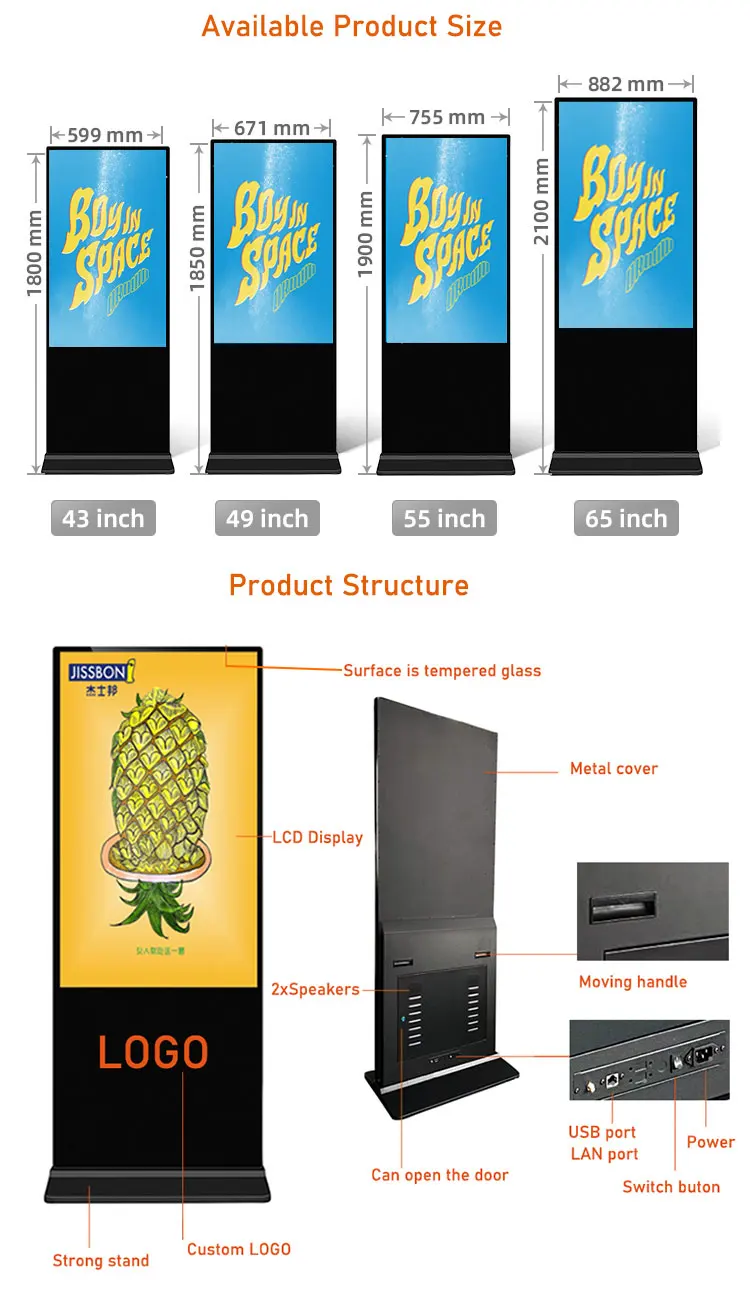 4k Floor Standing Digital Signage 75 86 98 Inch Marketing Advertising ...