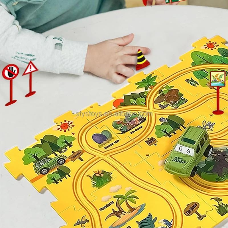 Plastic Puzzles Track Play Toy Dinosaur Series Toy Car Track Jigsaw Set ...