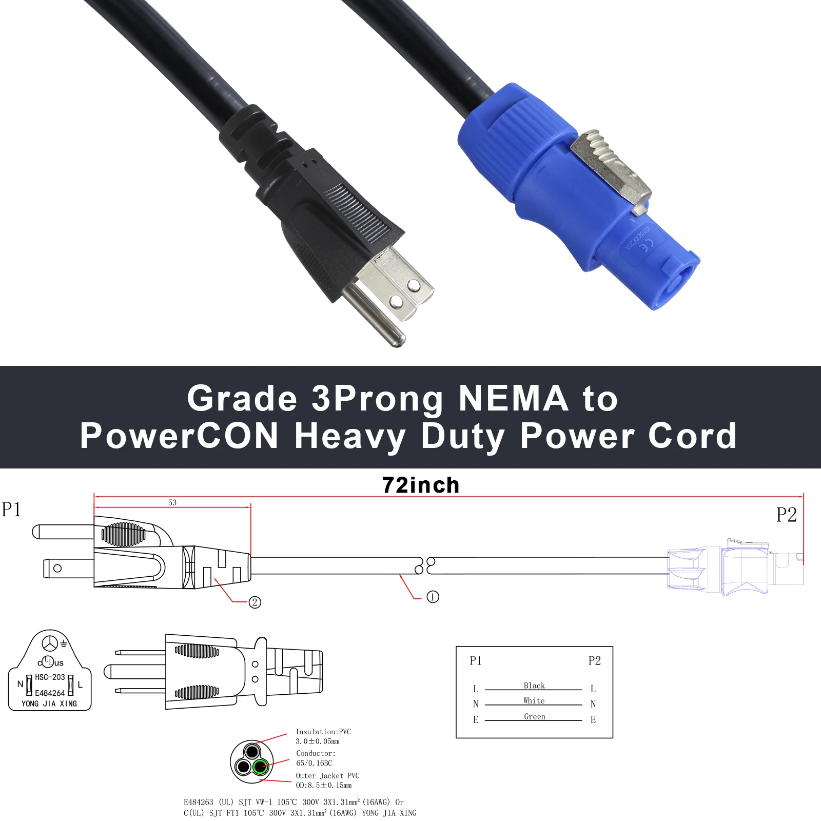 Usa Us Male 3pin Ac Nema 220v To Powercon Nac3fca Male Plug Power Cord - Buy Male End Nema 515p ...
