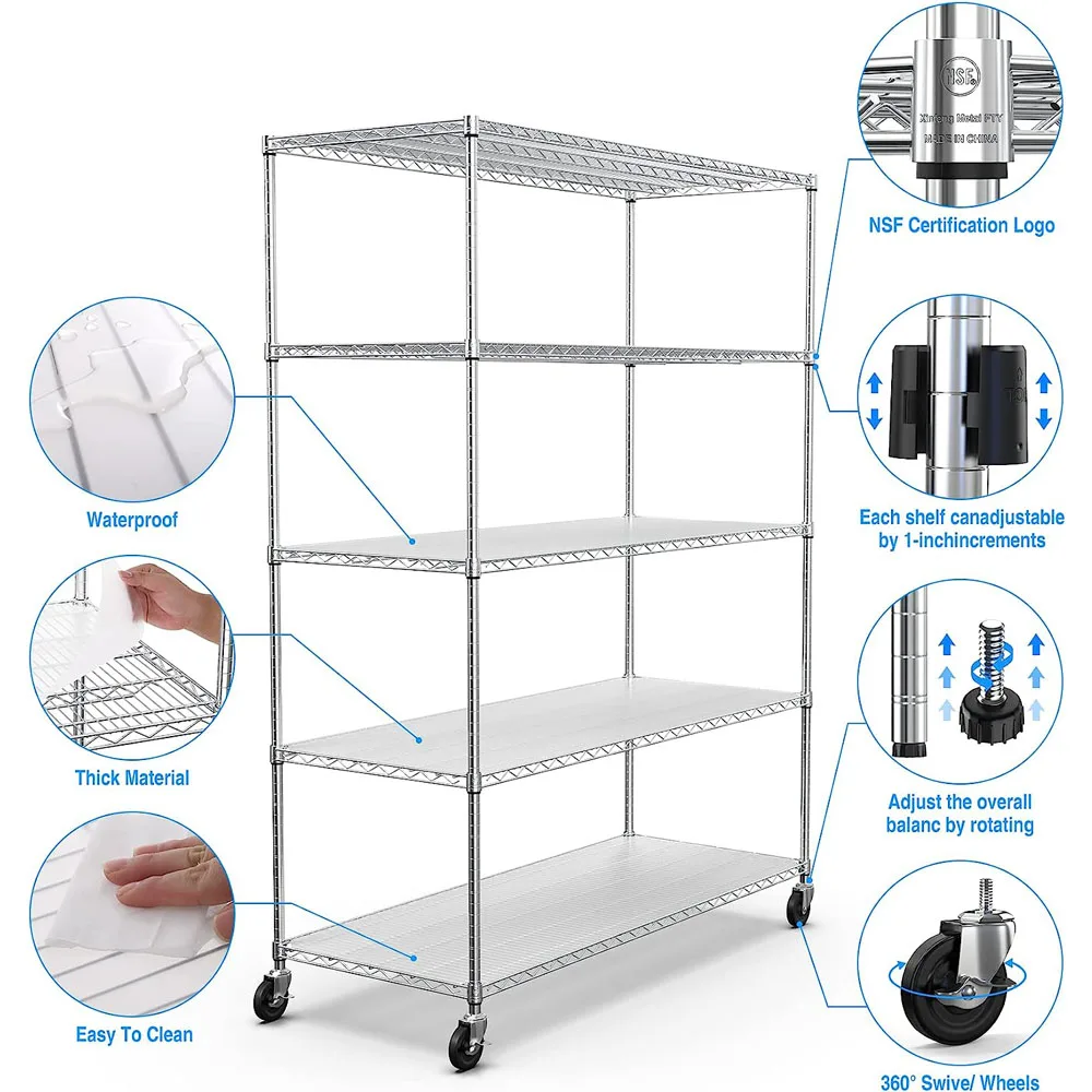 Heavy Duty Adjustable Storage Rack With Wheels & Shelf Liners Chrome 5 ...