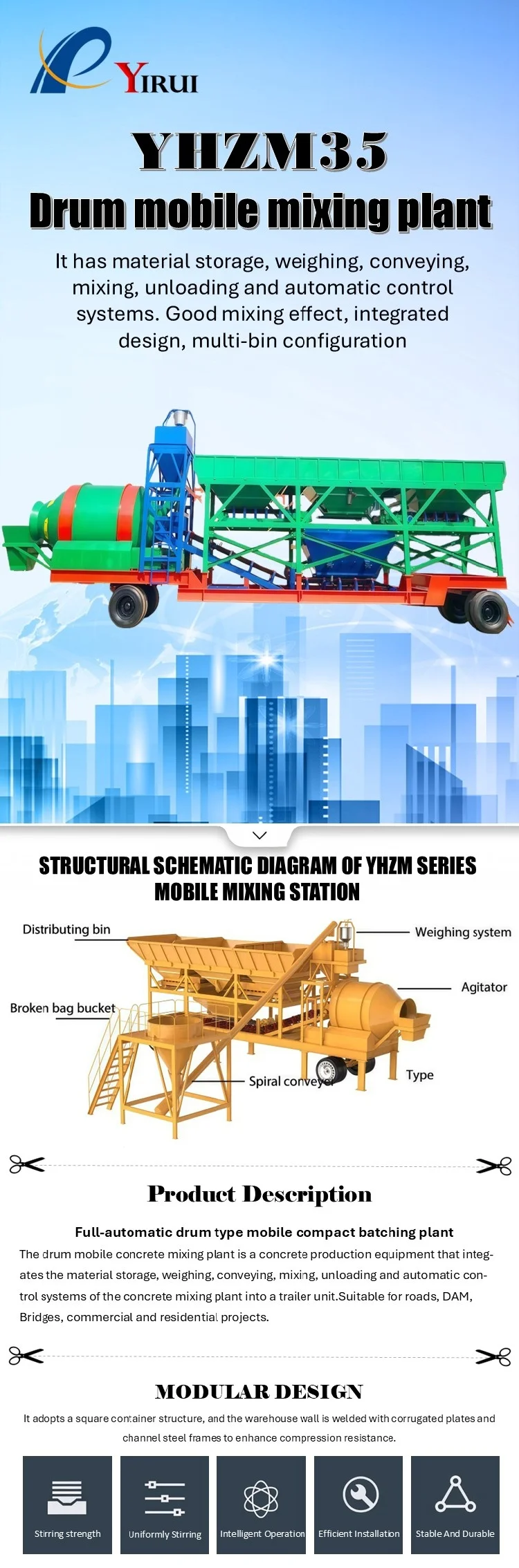 YIRUI YHZM35 Electric Movable Concrete Mixing Plant Drum Type Mobile ...