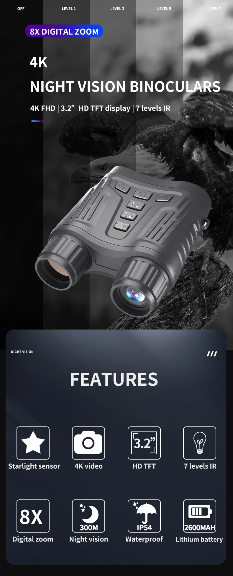 New Arrivals 4K Night Vision Binoculars 8X Digital Zoom Rechargeable ...