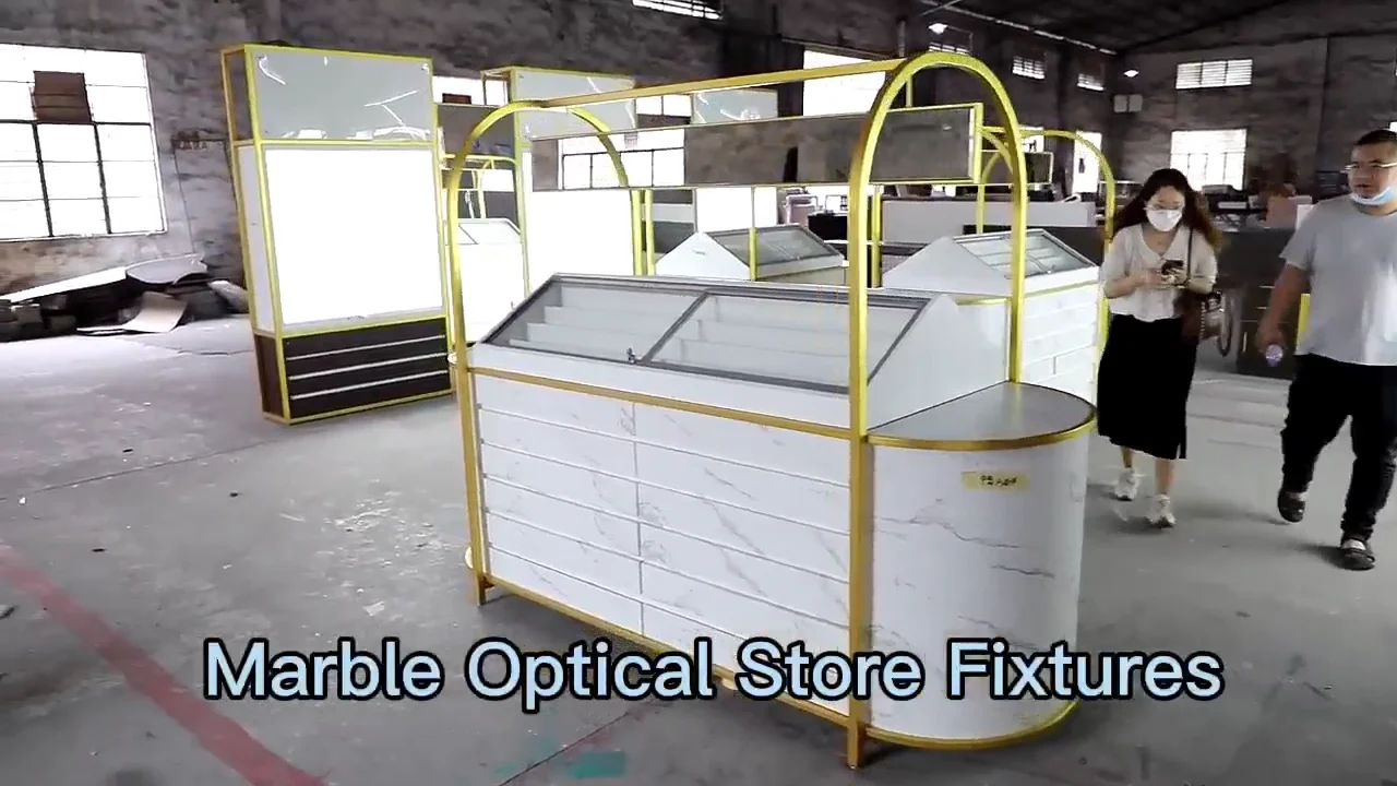 Gold Stainless Steel Frame Eyewear Shop Interior Design Custom Marble Glasses Display Cabinet ...