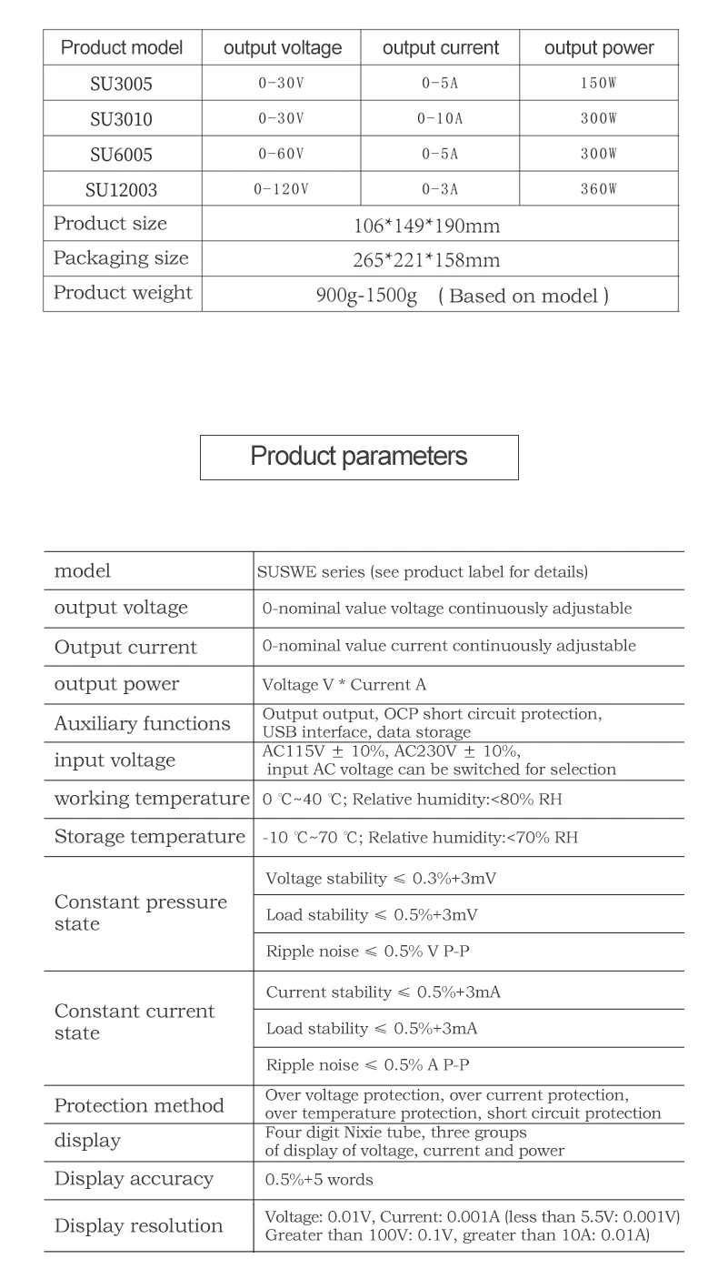 SUSWE AC220V/110V Adjustable DC Power Supply - 30V10A300W