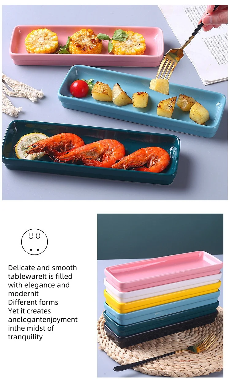 Minimalist Rectangular Ceramic Plate Dinnerware Set Solid Color Long ...