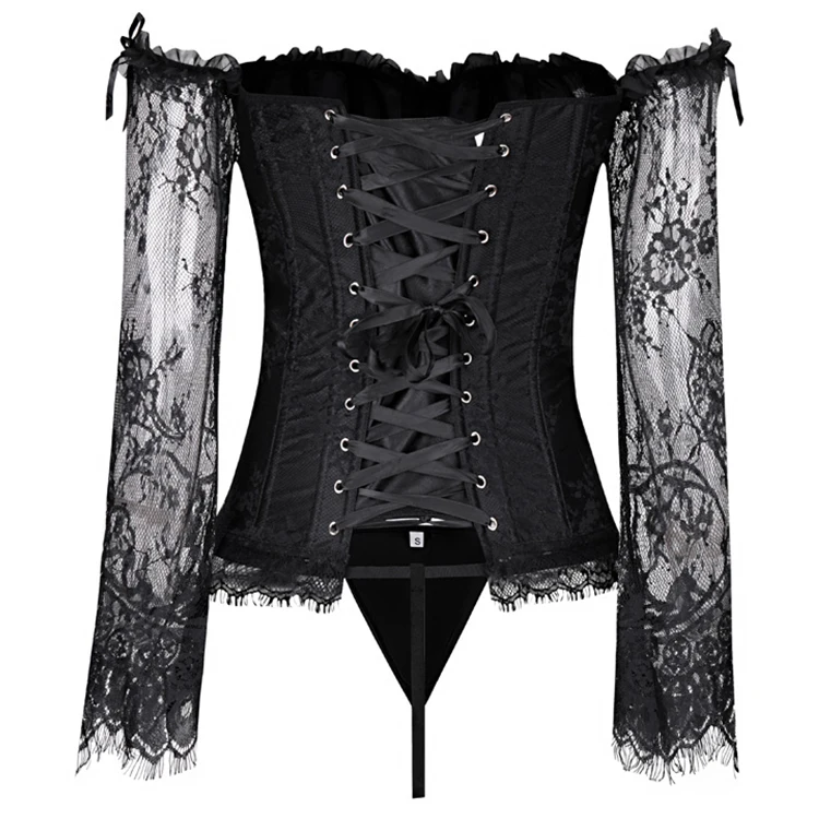 Plus Size Gothic Floral Long Sleeve Lace Overbust Corset Steampunk ...