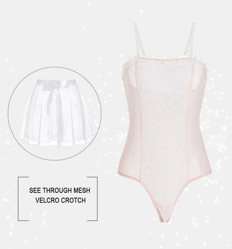 Sexy Underwear Mesh Perspective Lace Open Crotch Bodysuit And Skirt