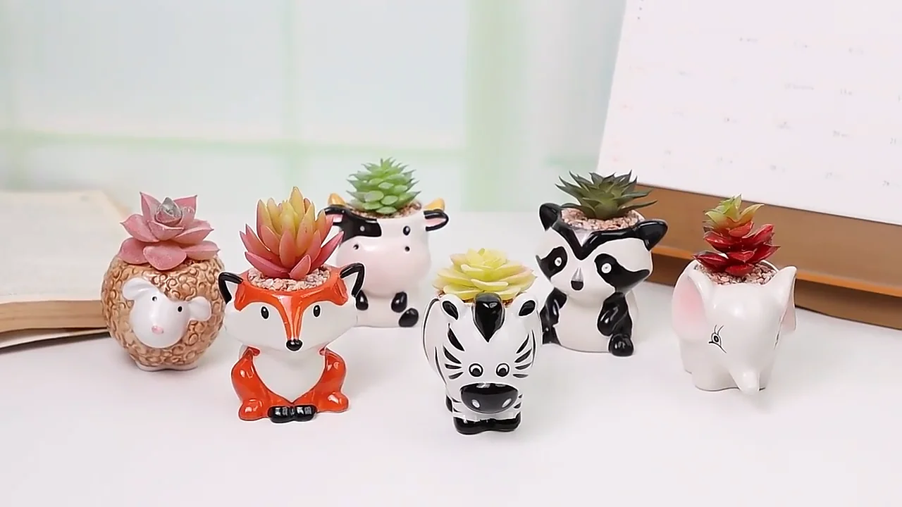 One Set Cute Small Cow Fox Animal Succulent Planter Ceramic Flower Pots ...