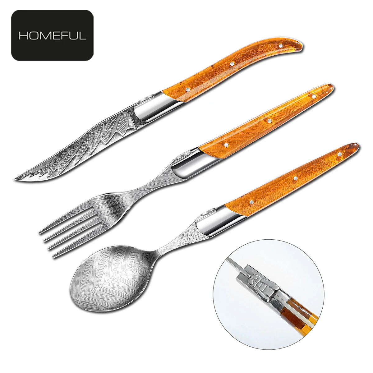 Luxury Damascus Steel Laguiole Flatware Set-Steak Knife and Fork with ...