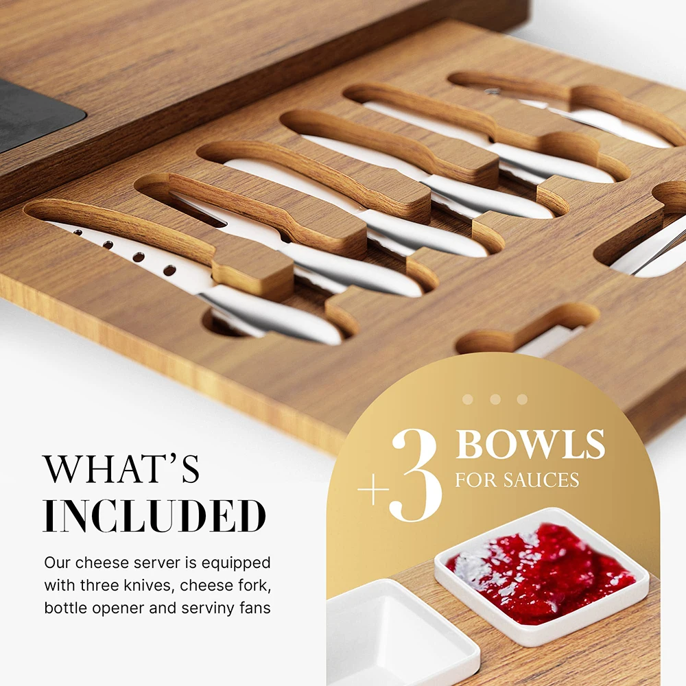 Large Slate Acacia Wood Cheese Board Knife Set With Drawer Wholesale ...