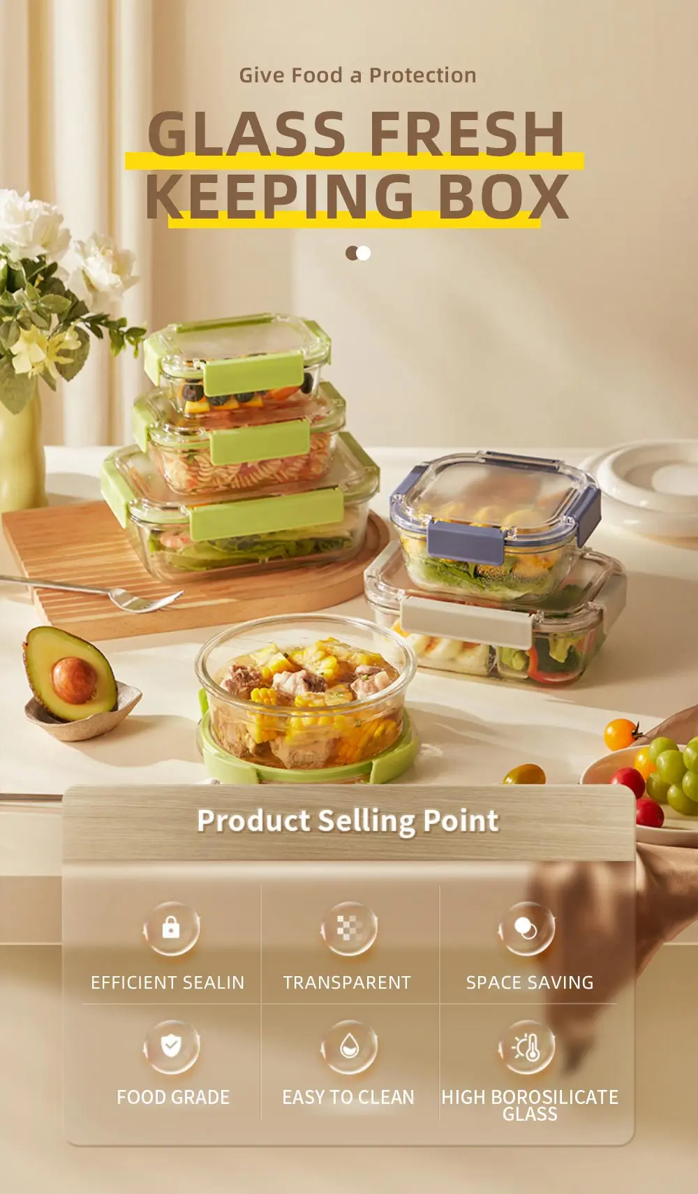 Rectangular Fresh-keeping Lunch Box Glass Food Container With Stomata ...