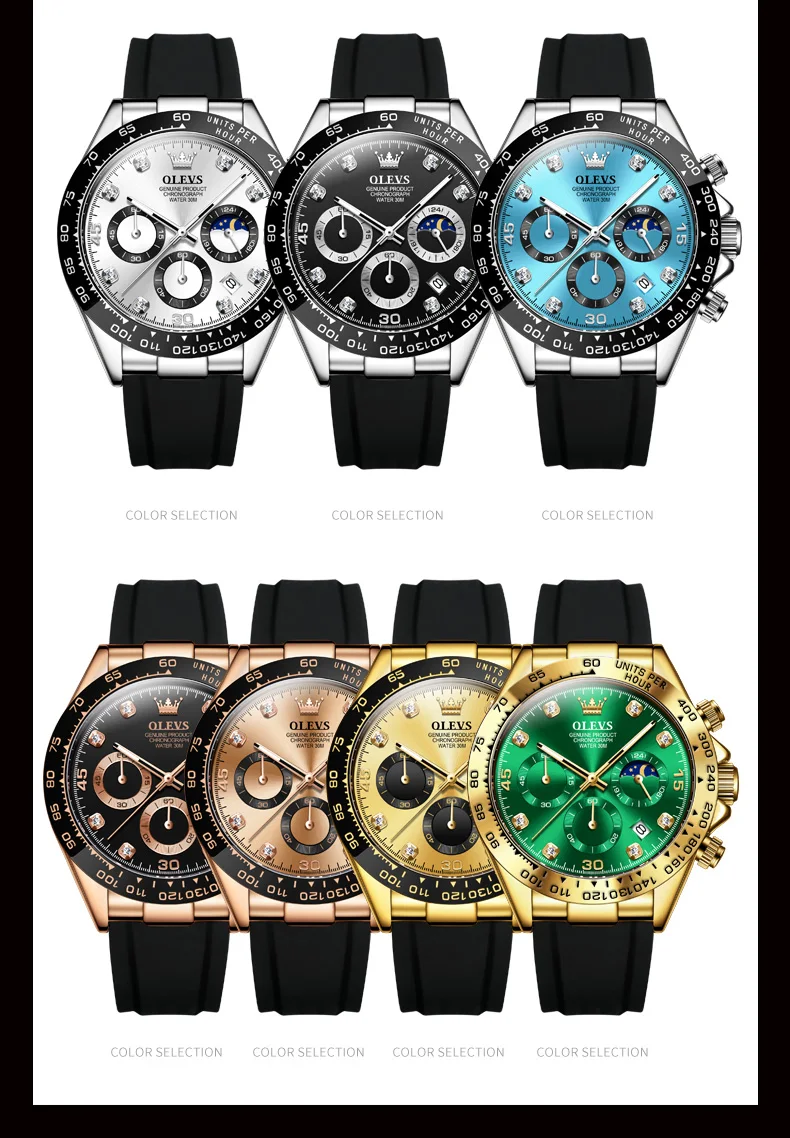 Olevs 2875 Watches Moon Phase Silicone Diamond Waterproof Luminous ...