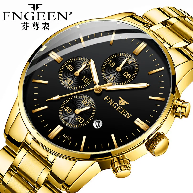 Fngeen 5128 Special Gold Mens Quartz Watch Original Stainless Steel ...