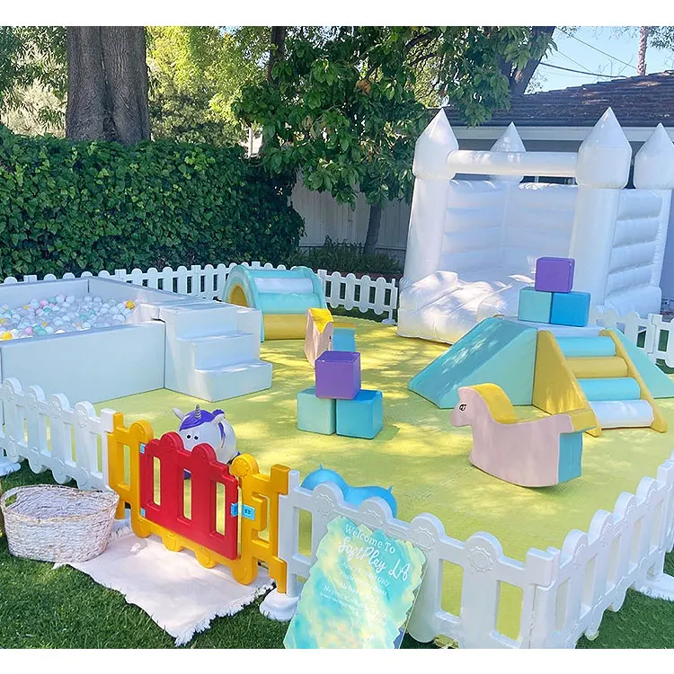 White Soft Play Equipment Set With Ball Pit Slide Mat Fences Indoor ...
