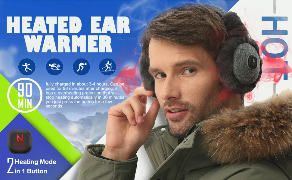 Foldable Wireless Electric Heated Faux Fur Ear Warmers Inserted Li-ion ...