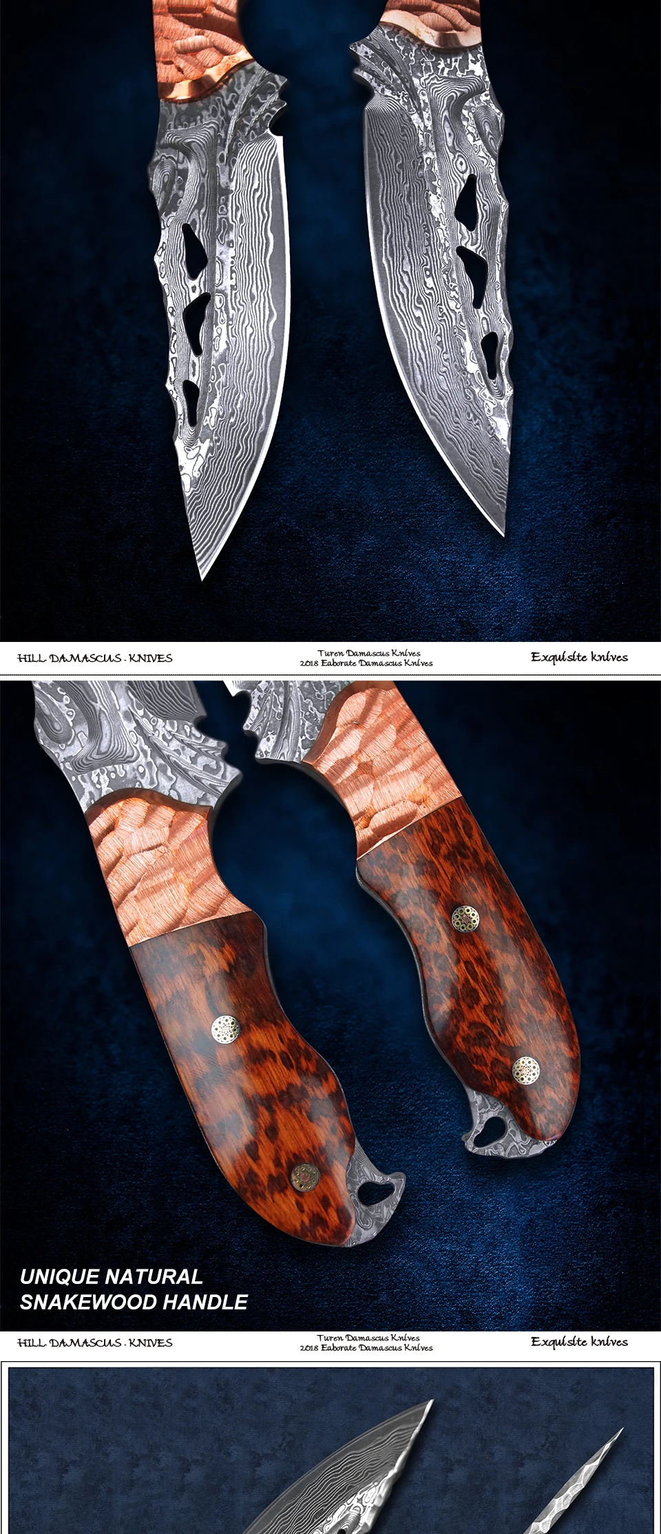 Handmade Snakewood and Copper Bowie Knives for Outdoor Survival
