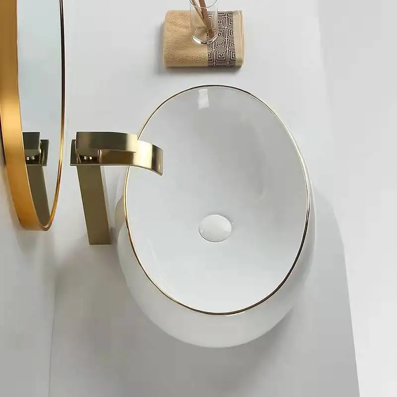 Elegant Wash Basin With Golden Color Line High-end Hotel Bathroom Wc ...