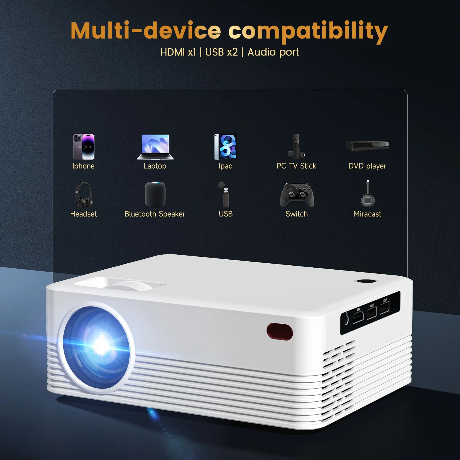 H5 Android TV Projector Multiple Connectivity 40-200" Display Compact ...