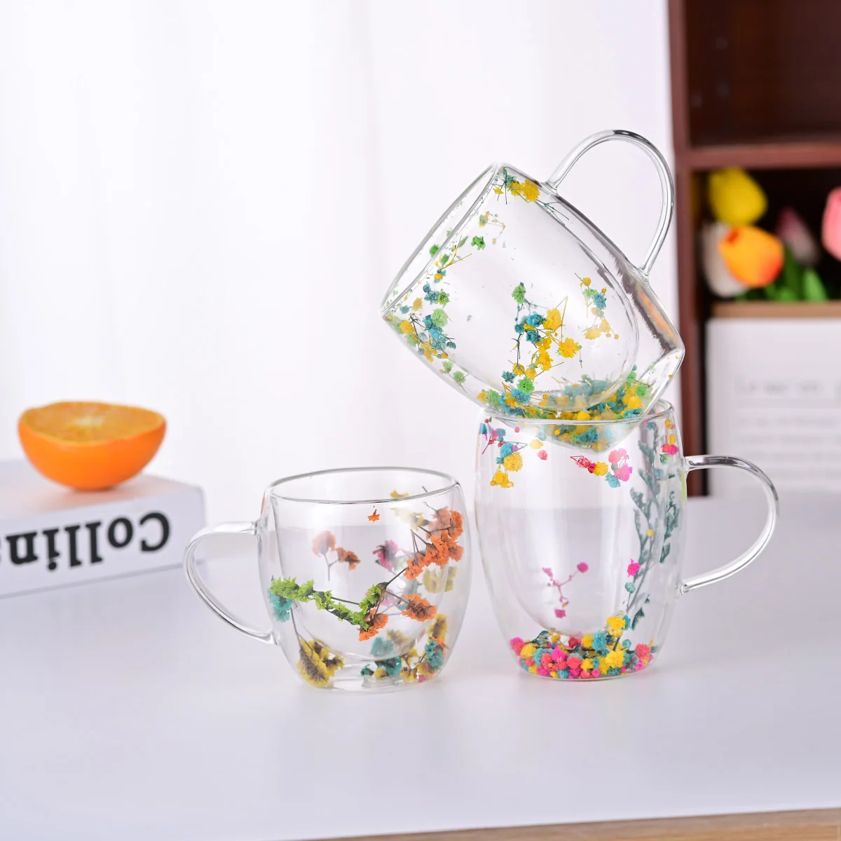 250ml 350ml Handmade High Borosilicate Dry Flower Double Wall Glass Mug ...