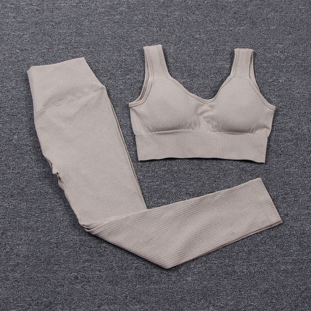 Workout Activ Wear Ribbed Yoga Seamless Clothing Women Gym Crop Top Two 2 Piece Fitness Sports ...