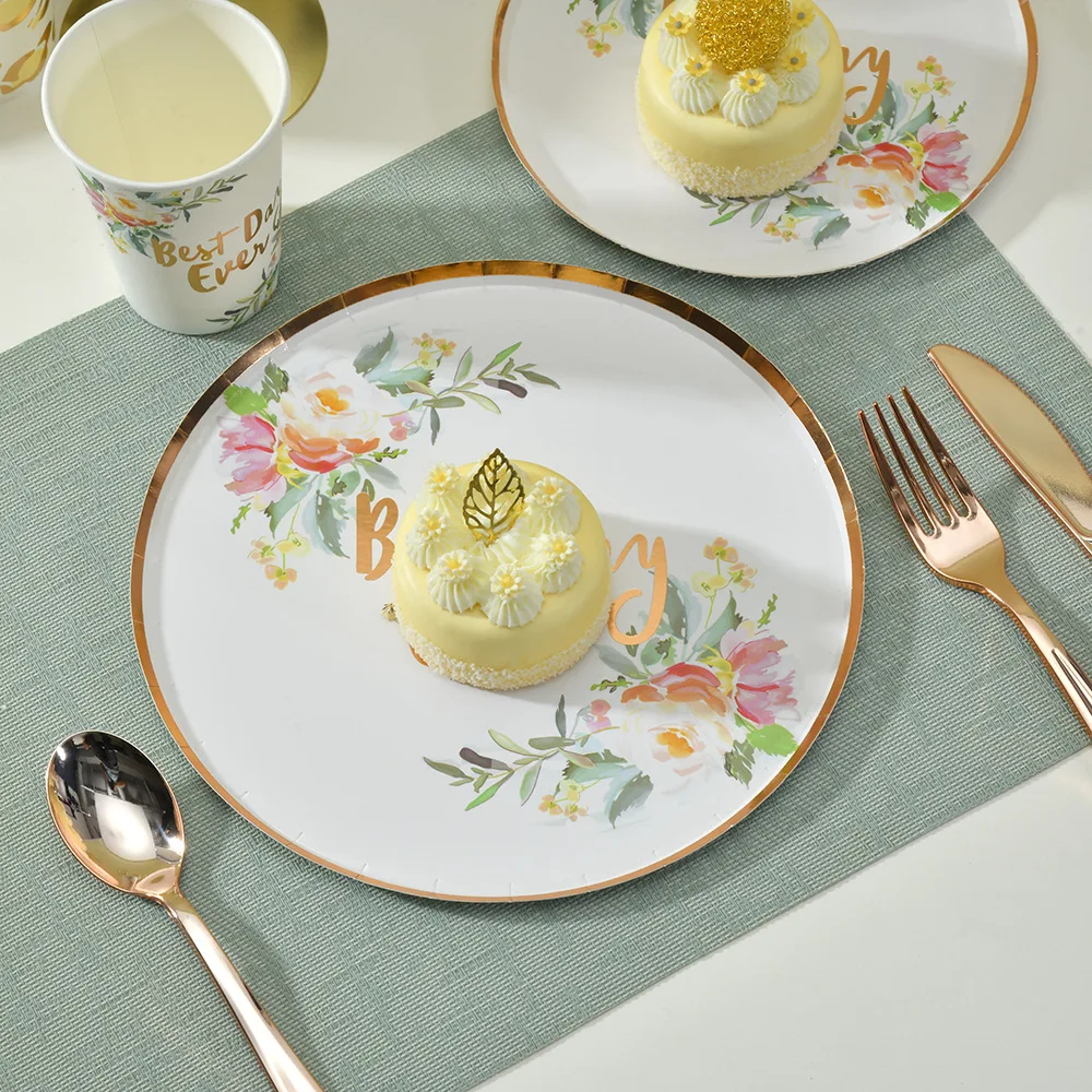 DAMAI Tea Party Theme Birthday Table Decor Romantic Flower Paper Plates ...