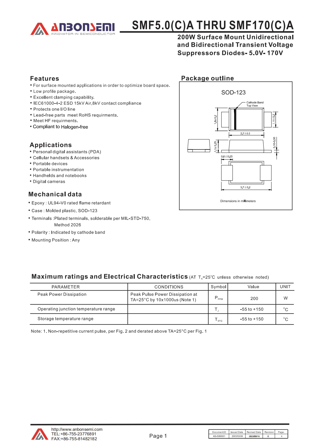 Anbon 5v 200w Smf5.0ca Sod-123 Bidirectional Tvs Diode - Buy Sod-123 5v ...