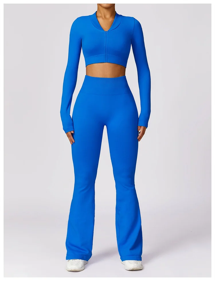 Seamless Female 2 Piece Gym Set Women Yoga Set Workout Tracksuit Fitness Sport Flared Pants Long ...