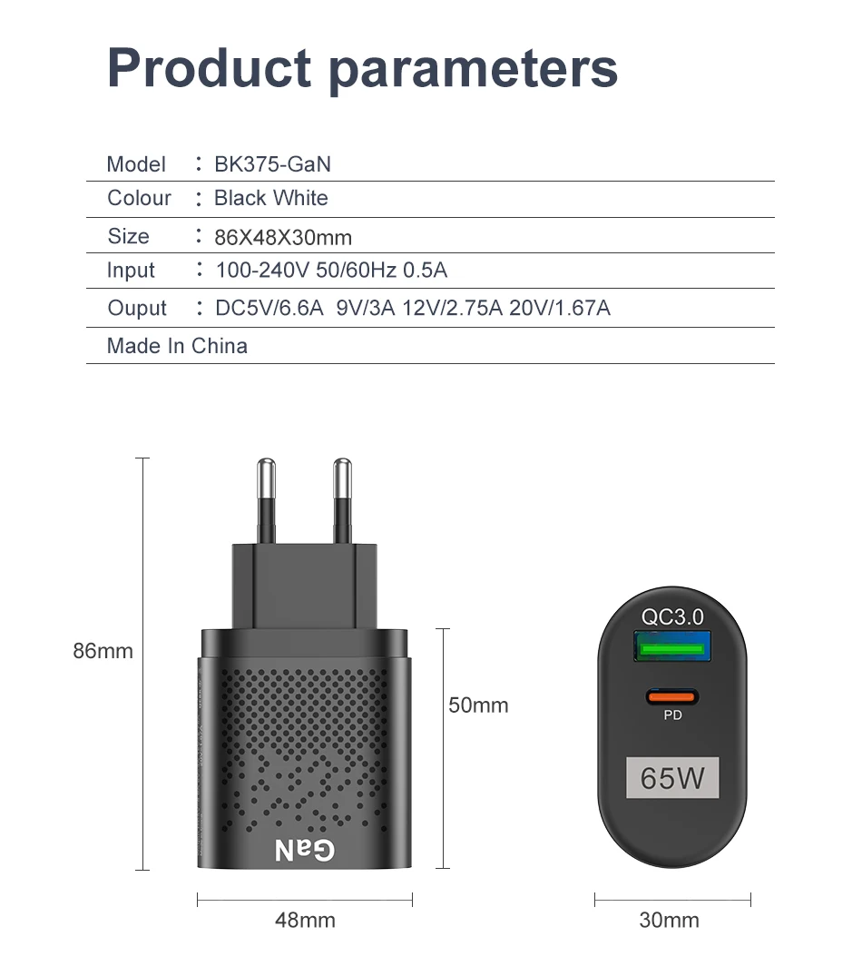 Usb Pd 65w Gan Wall Charger For Macbook Qc 3.0 Pd3.0 Type C Usb Fast ...
