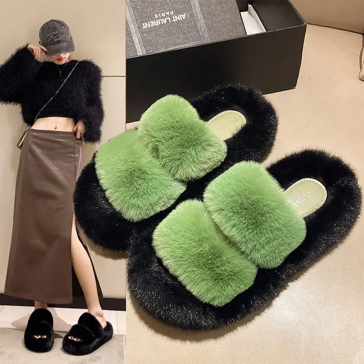 Women's Fluffy Open Toe Winter Slippers Plush Non-slip Pvc Eva Thick ...