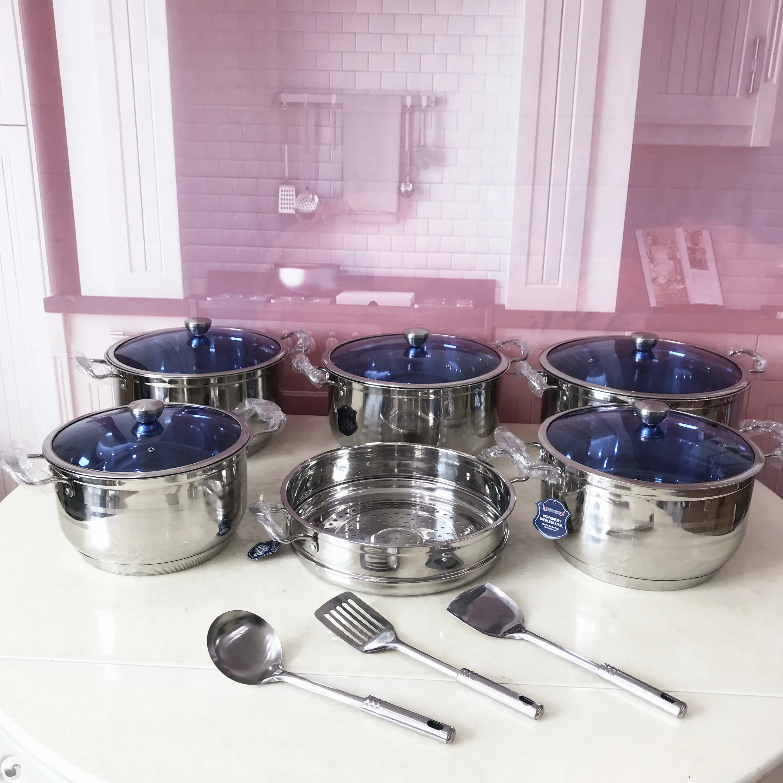 10PCS Stainless Steel Cooking Pot Set with Glass Lid & Steel Handles ...