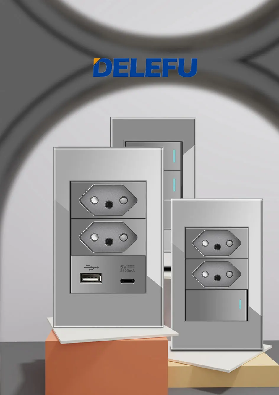 DELEFU Dual USB Type C Wall Socket Light Switch 4*2 Grey Tempered Glass Brazil Standard Outlet ...