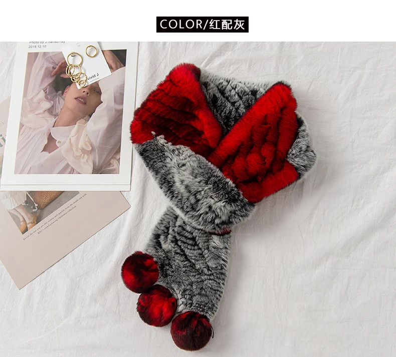 ZDFURS* Rex Rabbit Fur Double-sided Knitted Fur Scarf Women Winter Real ...