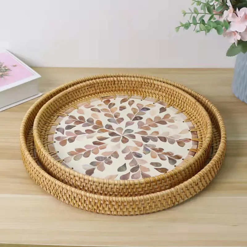 Unique Exotic Handmade Pearl Round Rattan Woven Snack Tray Creative ...