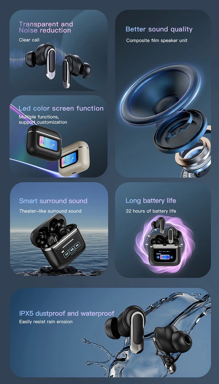 High Quality V8 Tws Earphones Lcd Full Color Touch Screen Anc Earbuds ...