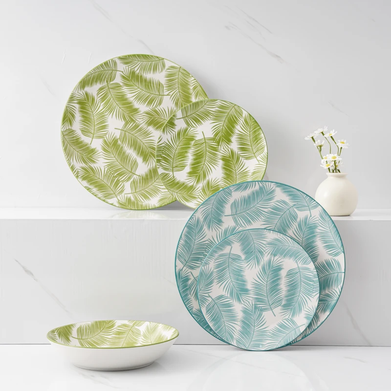 Huilang Porcelain Dinner Set 12pcs Blue Green Feather Spring Simple ...