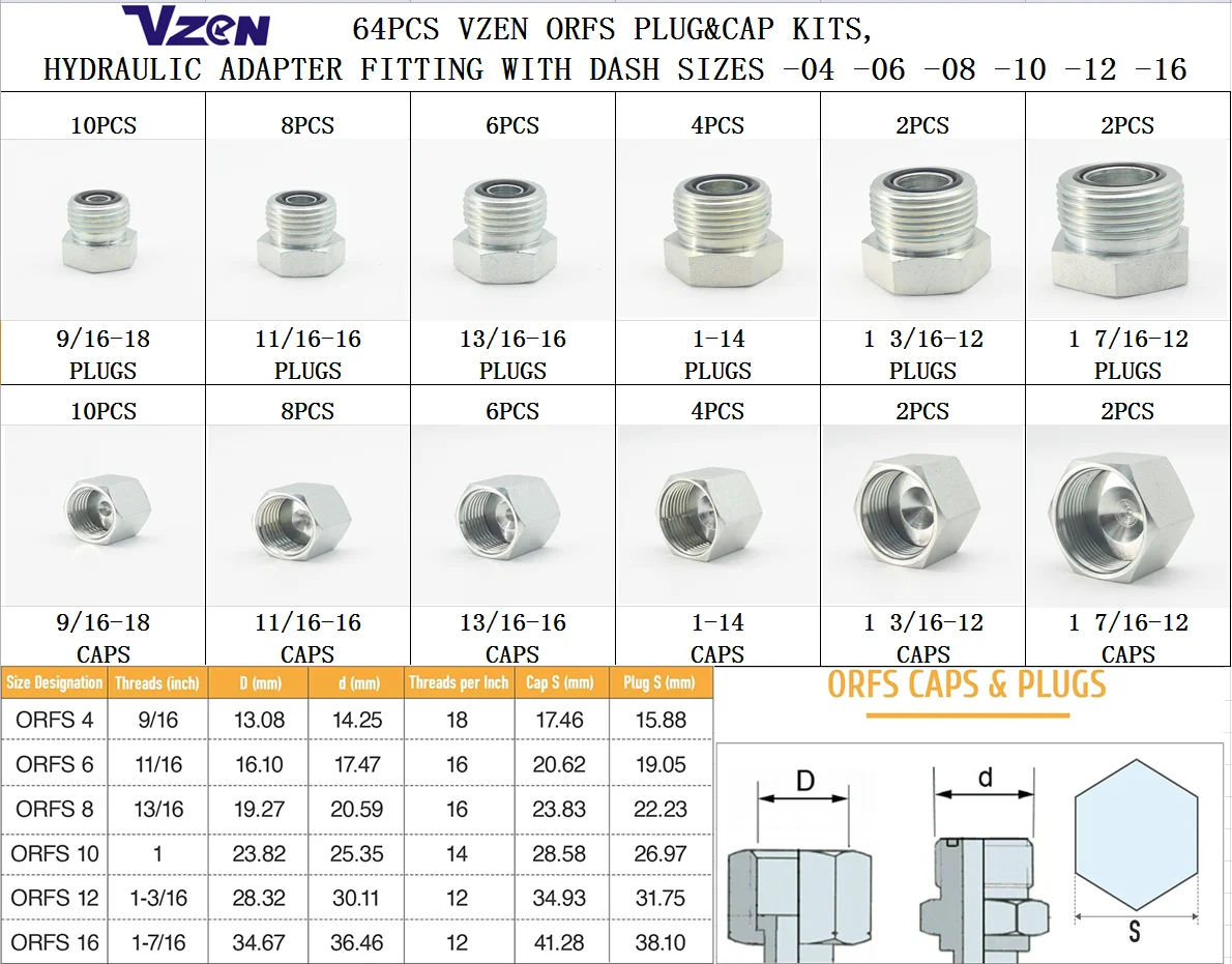 Vzen ORFS Plug&cap Kits - 64pcs Hydraulic Adapters