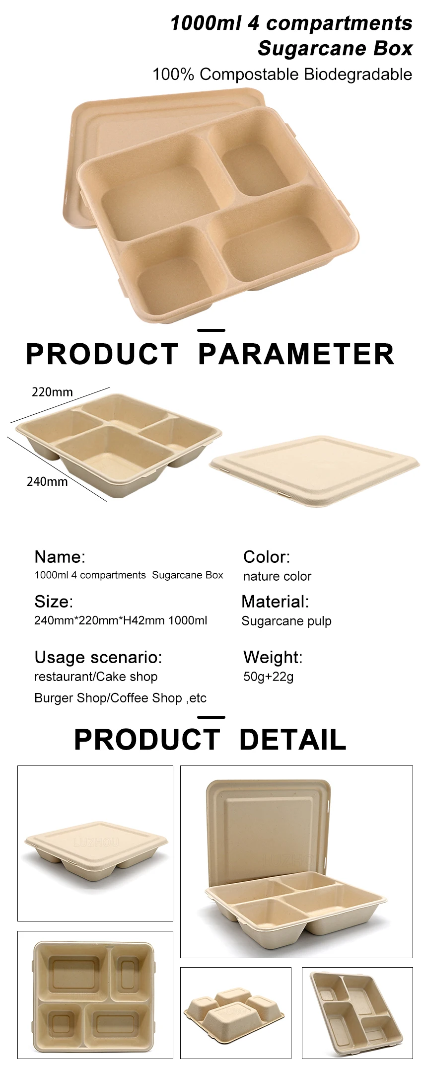 Vvg Sugarcane Food Container 4 Compartment Eco-friendly One Time ...