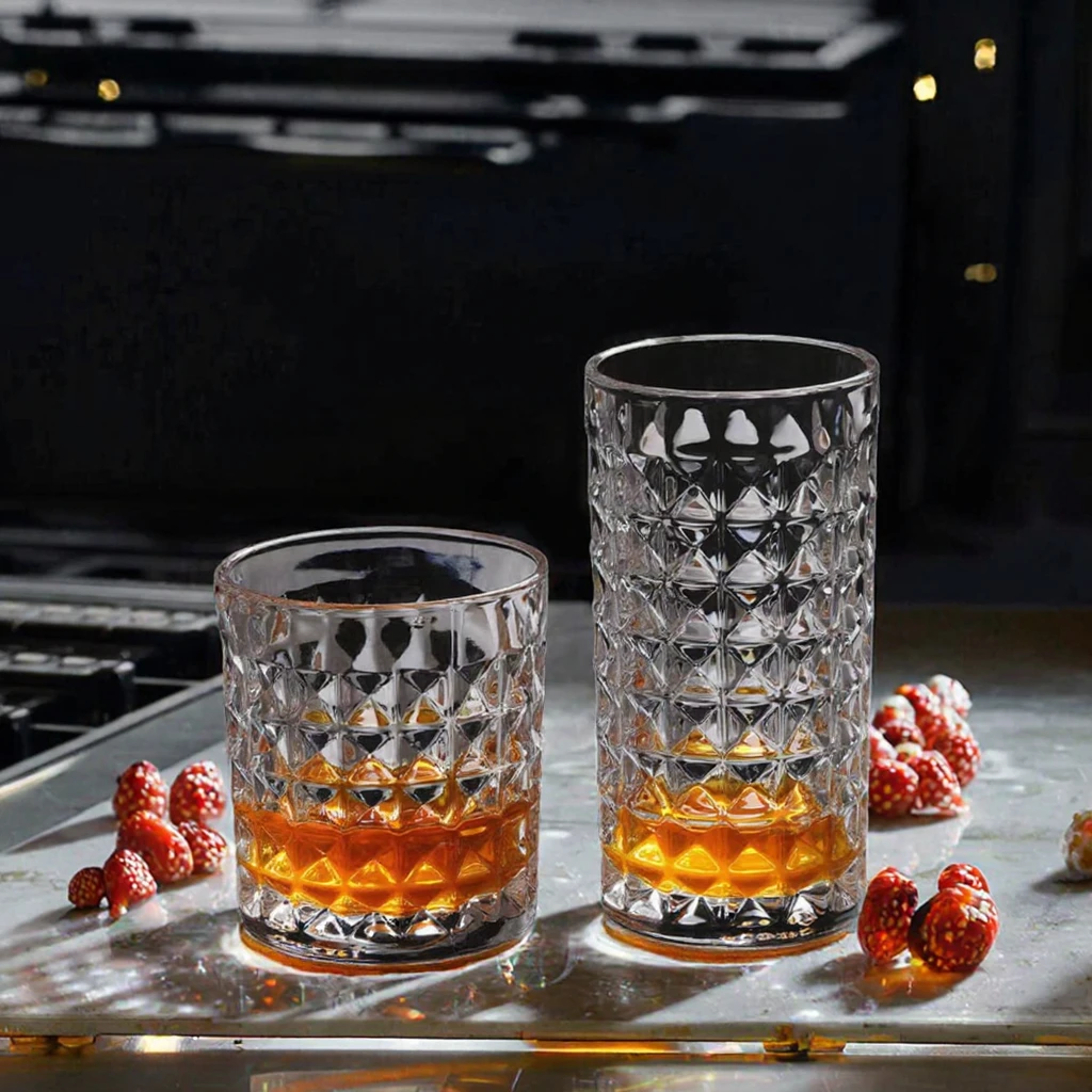 Embossed Glass Restaurant Drinkware Set Golden Rim Wine Whisky Beer ...