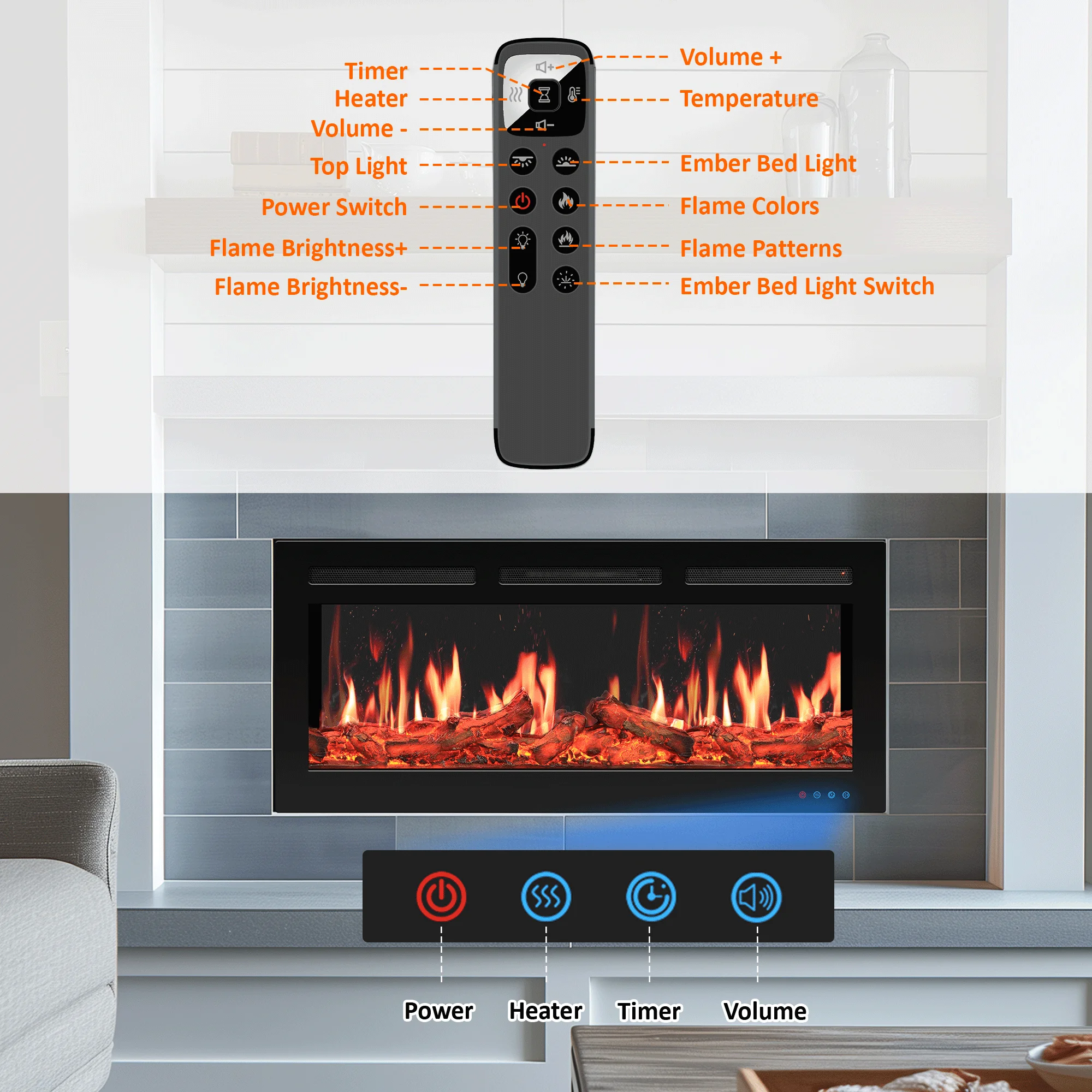 Luxstar 26" Recessed LCD Electric Fireplace w Multi Flame Color and ...