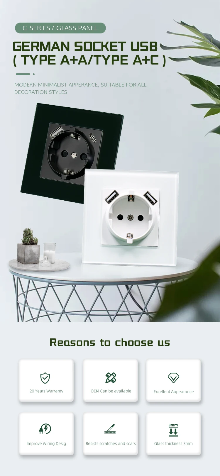 Colored Glass Panel Germany Wall Plug Socket With Usb Standard Eu ...