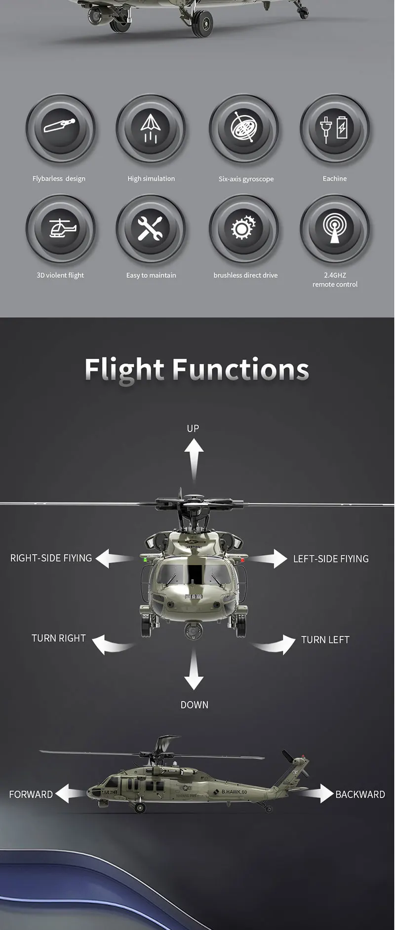 F09 RC Helicopter UH60-Black Hawk 1:47 Scale, 6 Channels Remote Control ...