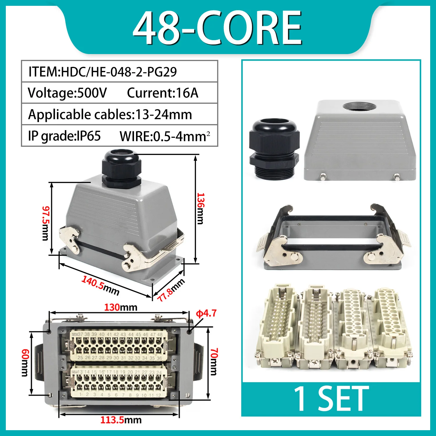 Pre Installed HE Connector 500V 16A - High Power Plug