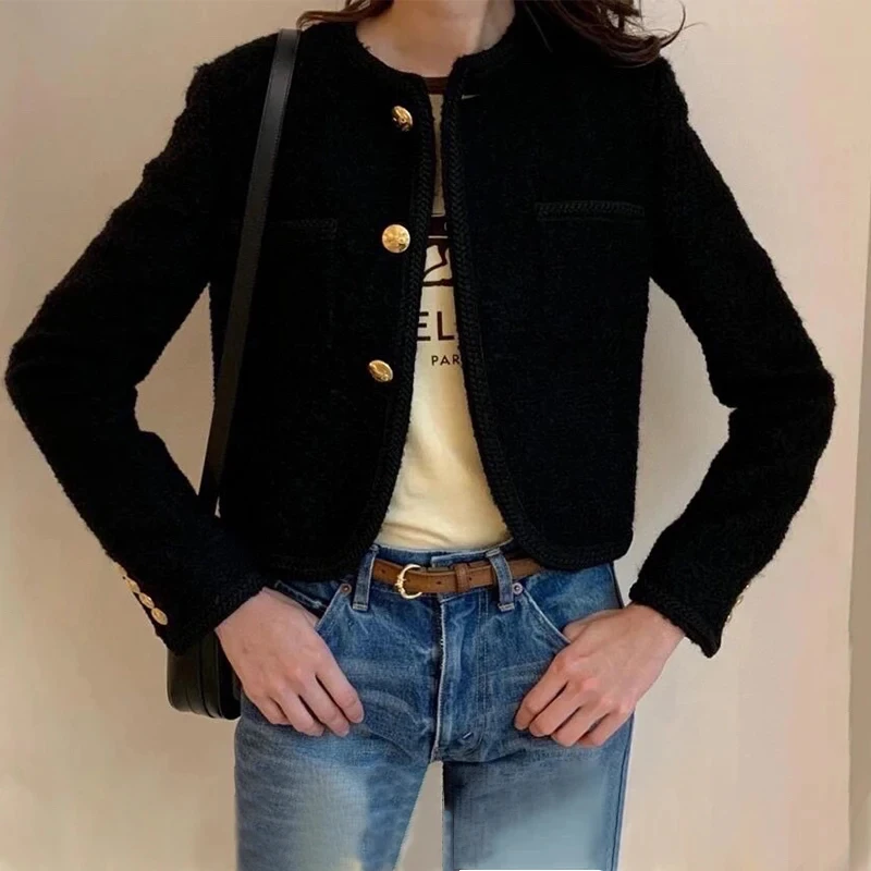 Autumn Winter Tweed Cropped Jackets Korean Fashion O-Neck Single ...