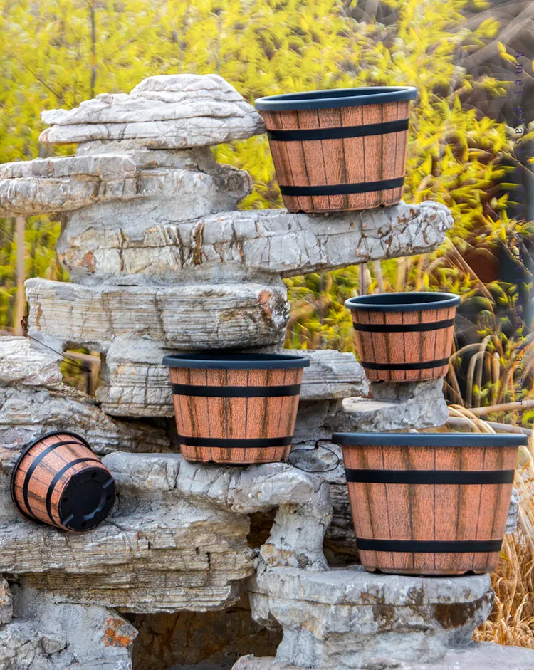 Wooden Bucket Barrel Garden Planters Set Rustic Flower Planters Pots ...