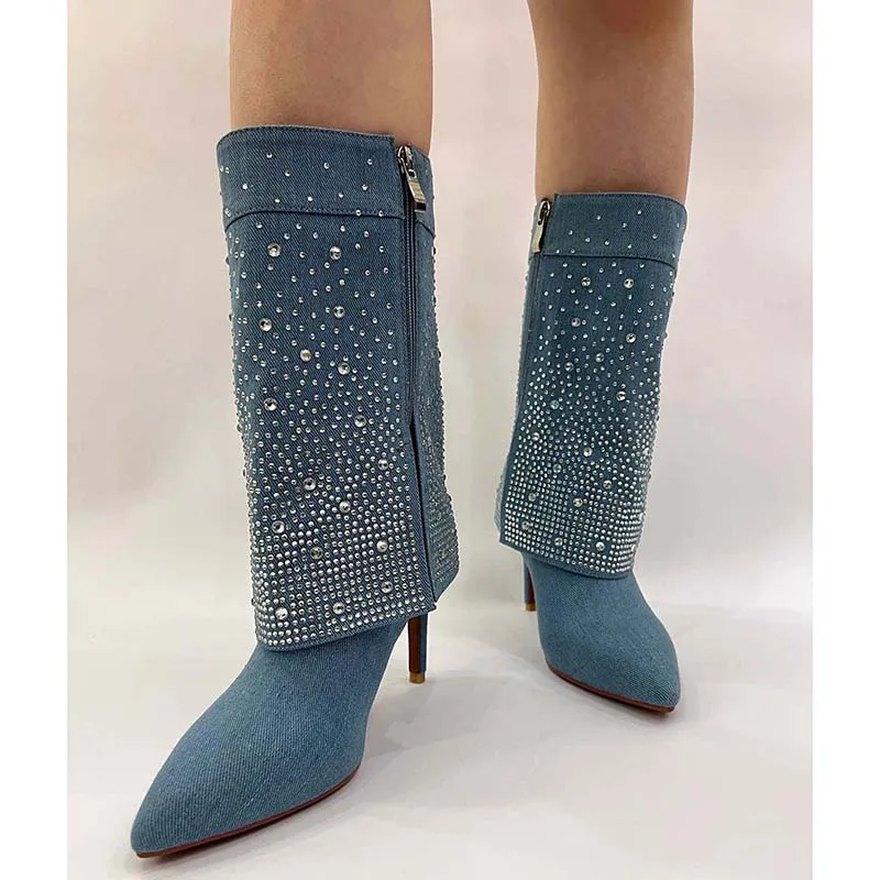 New Stylish Denim Rhinestone Mid-calf Stiletto Heel Boots For Women ...