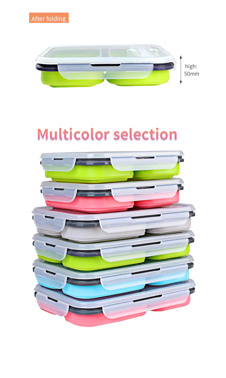 3 Compartment Bento Food Storage Lunch Boxes Folding Kids Collapsible Silicone Bento Lunch Box ...