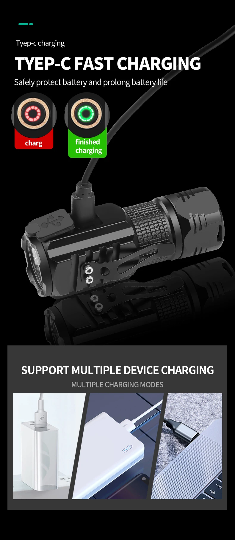 800LM 100m Powerful 3 LED Mini Flashlight - Rechargeable Torch