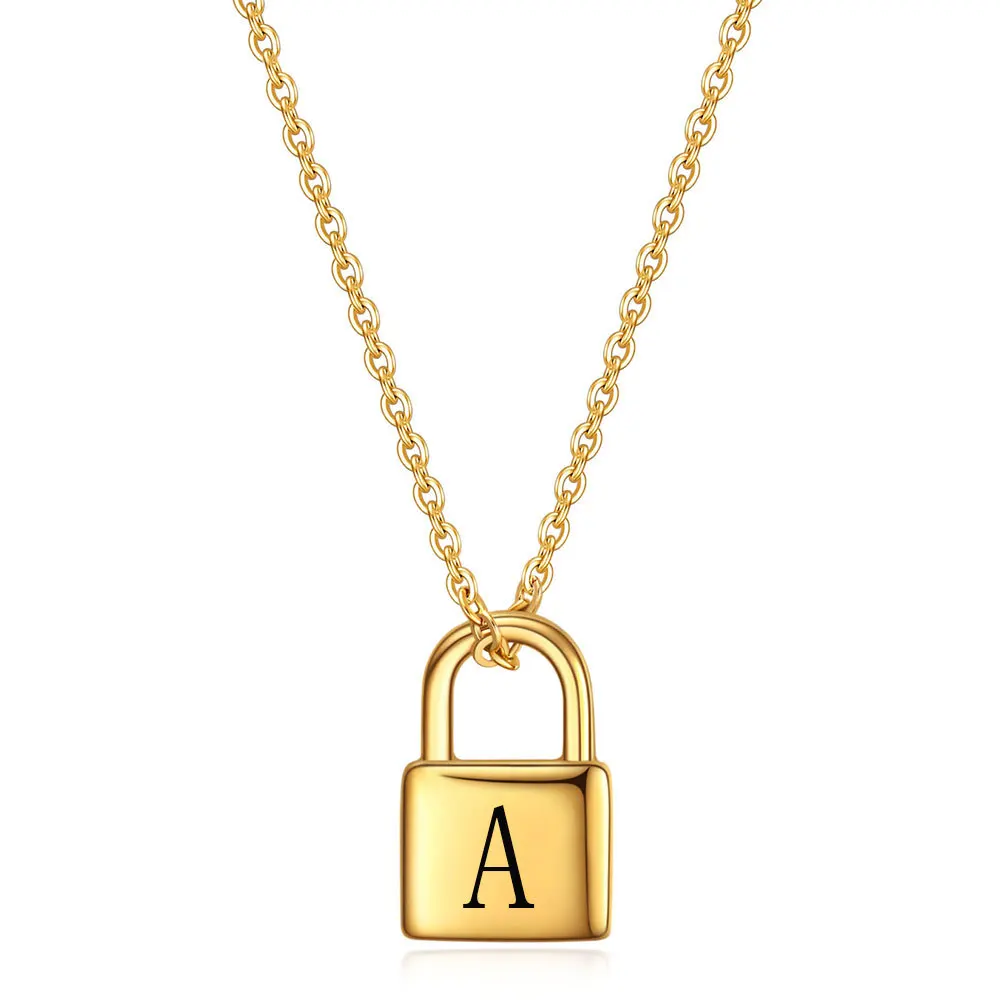 Fashion Stainless Steel Classic 18k Gold Lock Necklace Initial Letters ...