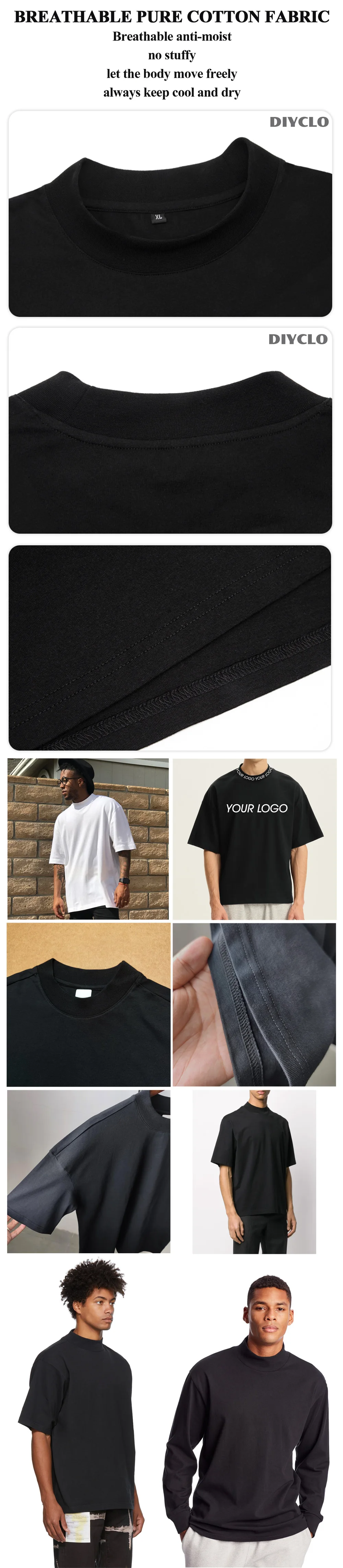 RTS High Quality 100% Cotton Tshirts Custom Mock Neck Black T-shirt Men ...